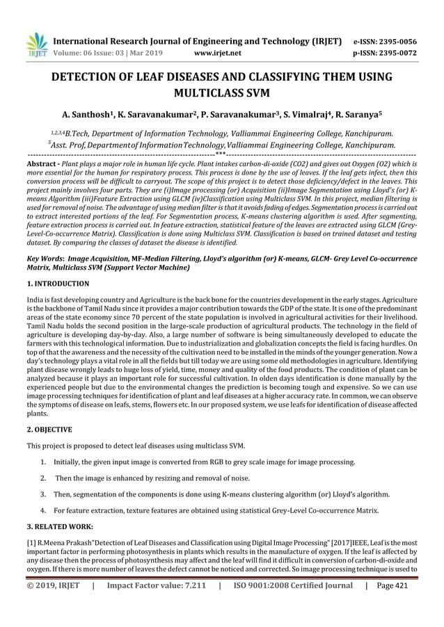 IRJET- Detection of Leaf Diseases and Classifying them using Multiclass SVM | PDF