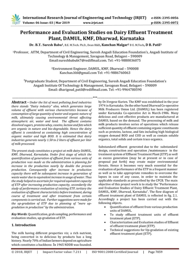 IRJET- Performance and Evaluation Studies on Dairy Effluent Treatment Plant, DAMUL, KMF, Dharwad ...