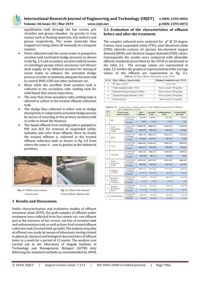 IRJET- Performance and Evaluation Studies on Dairy Effluent Treatment Plant, DAMUL, KMF, Dharwad ...