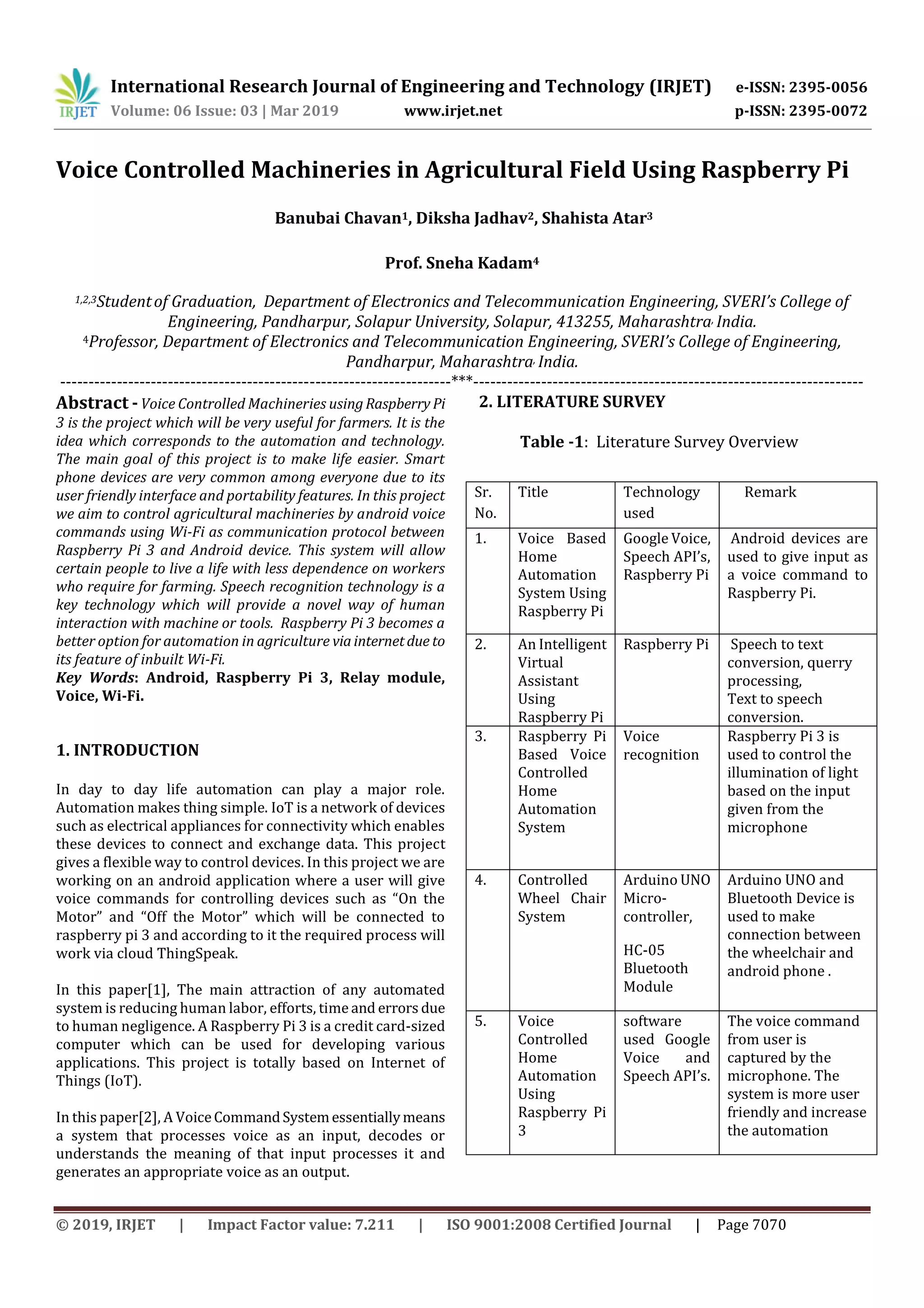 IRJET- Voice Controlled Machineries in Agricultural Field using Raspberry Pi | PDF