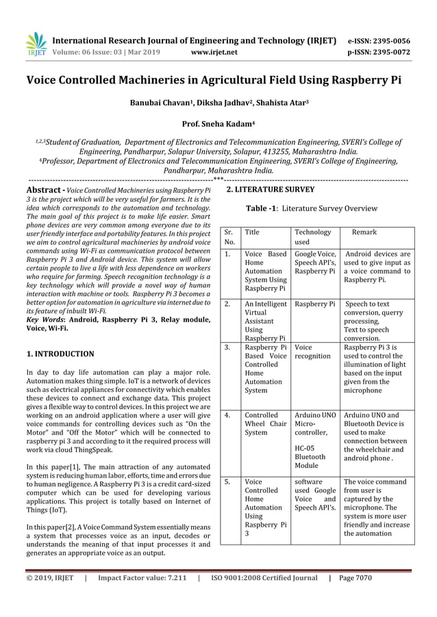 IRJET- Voice Controlled Machineries in Agricultural Field using Raspberry Pi | PDF