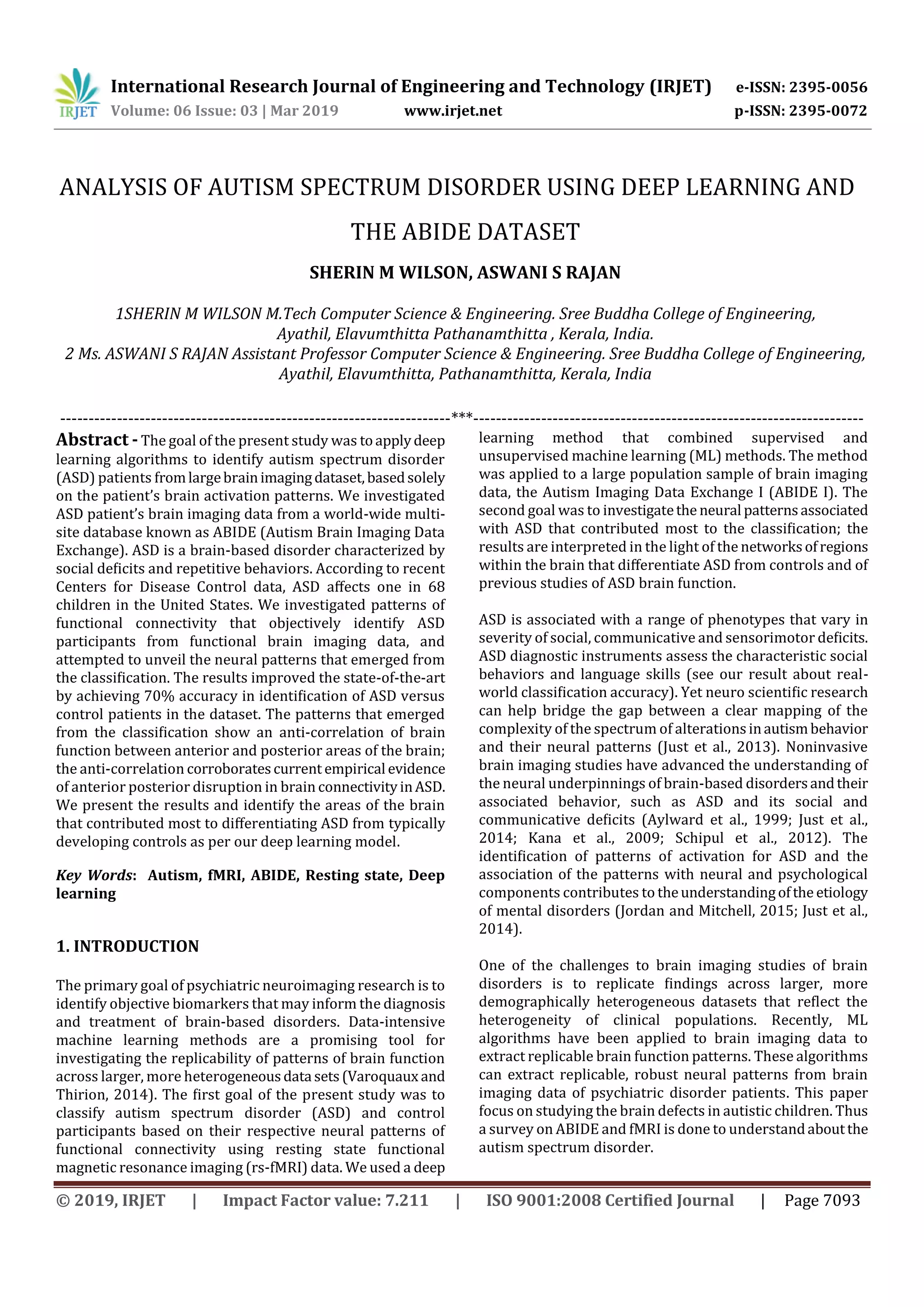 IRJET- Analysis of Autism Spectrum Disorder using Deep Learning and the Abide Dataset | PDF