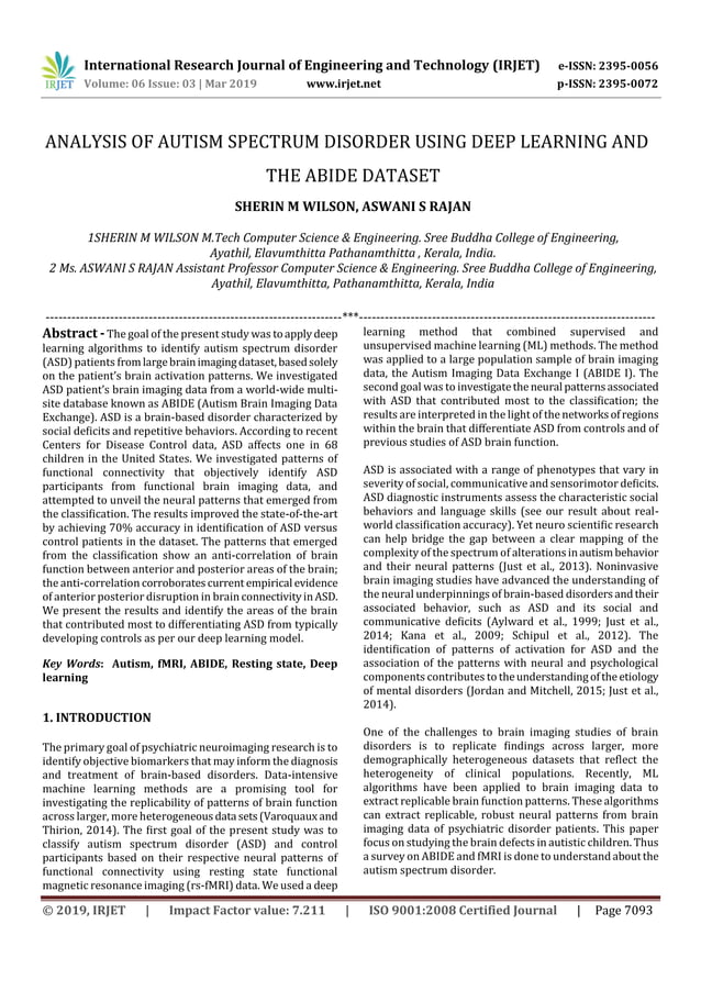 IRJET- Analysis of Autism Spectrum Disorder using Deep Learning and the Abide Dataset | PDF
