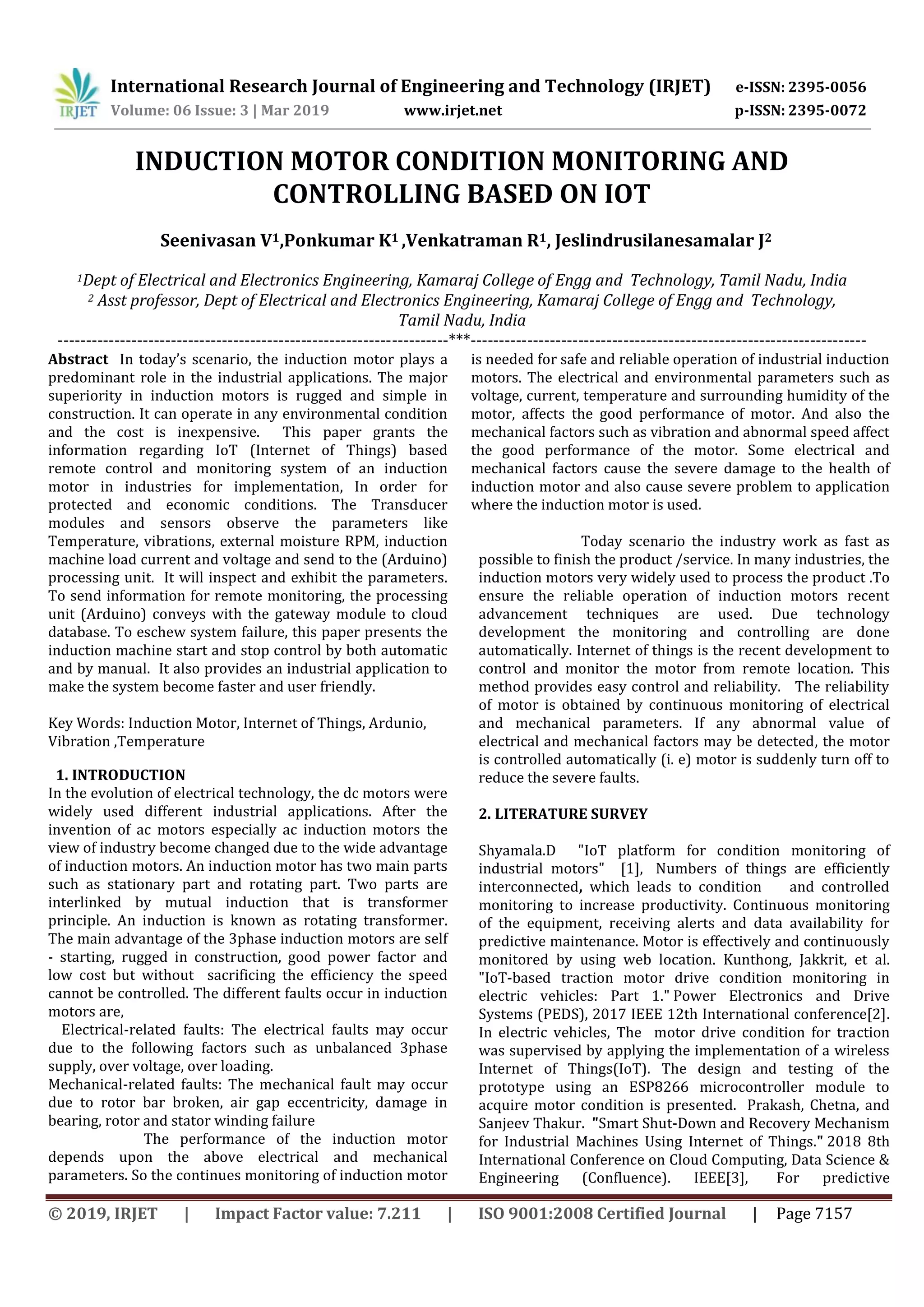 Irjet Induction Motor Condition Monitoring And Controlling Based On Iot Pdf