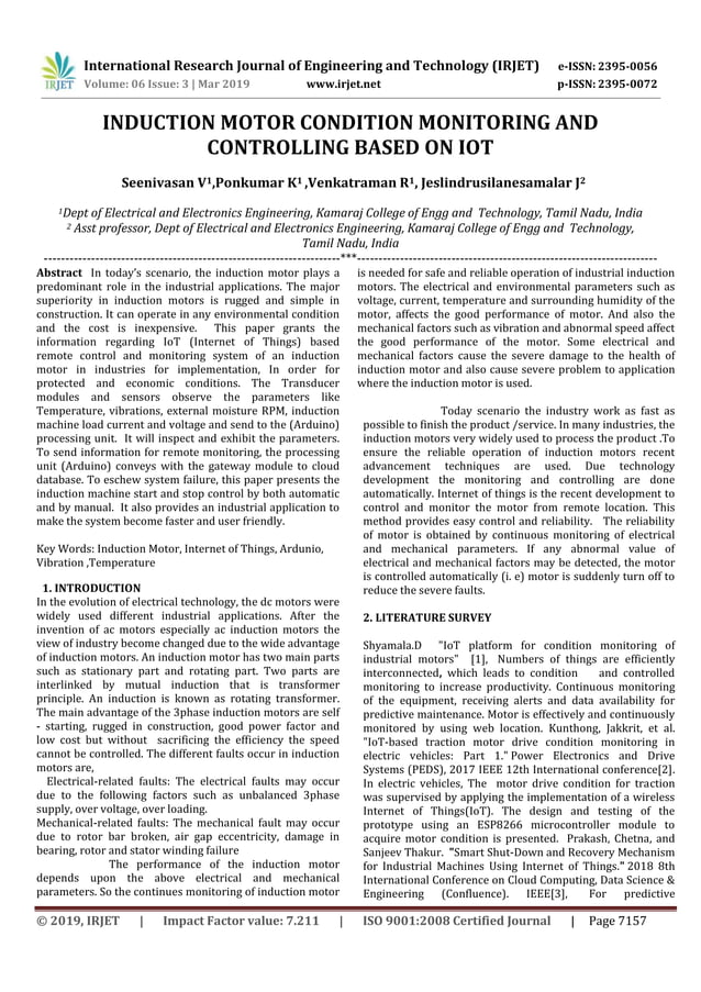 IRJET- Induction Motor Condition Monitoring and Controlling based on IoT | PDF