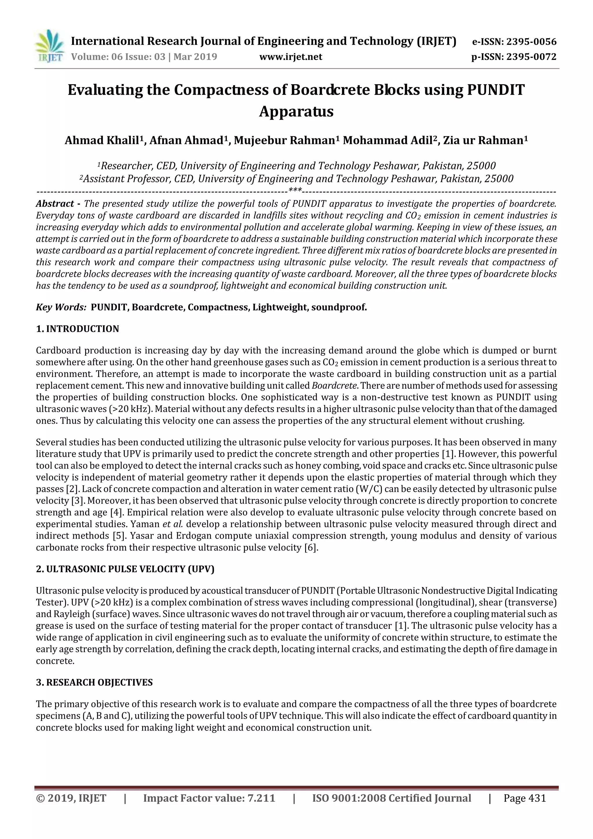 IRJET- Evaluating the Compactness of Boardcrete Blocks using PUNDIT Apparatus | PDF | Board ...