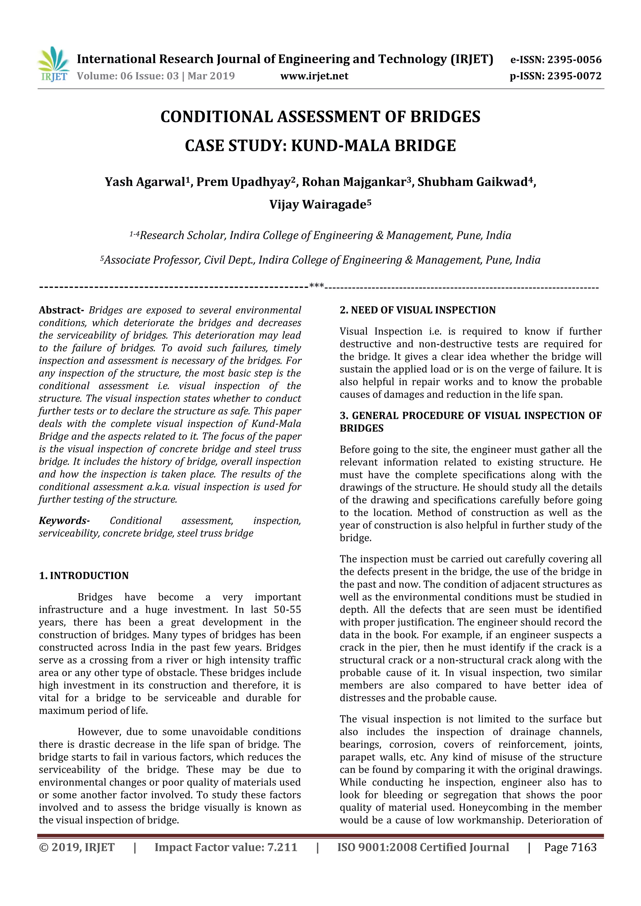 IRJET- Conditional Assessment of Bridges Case Study: Kund-Mala Bridge ...
