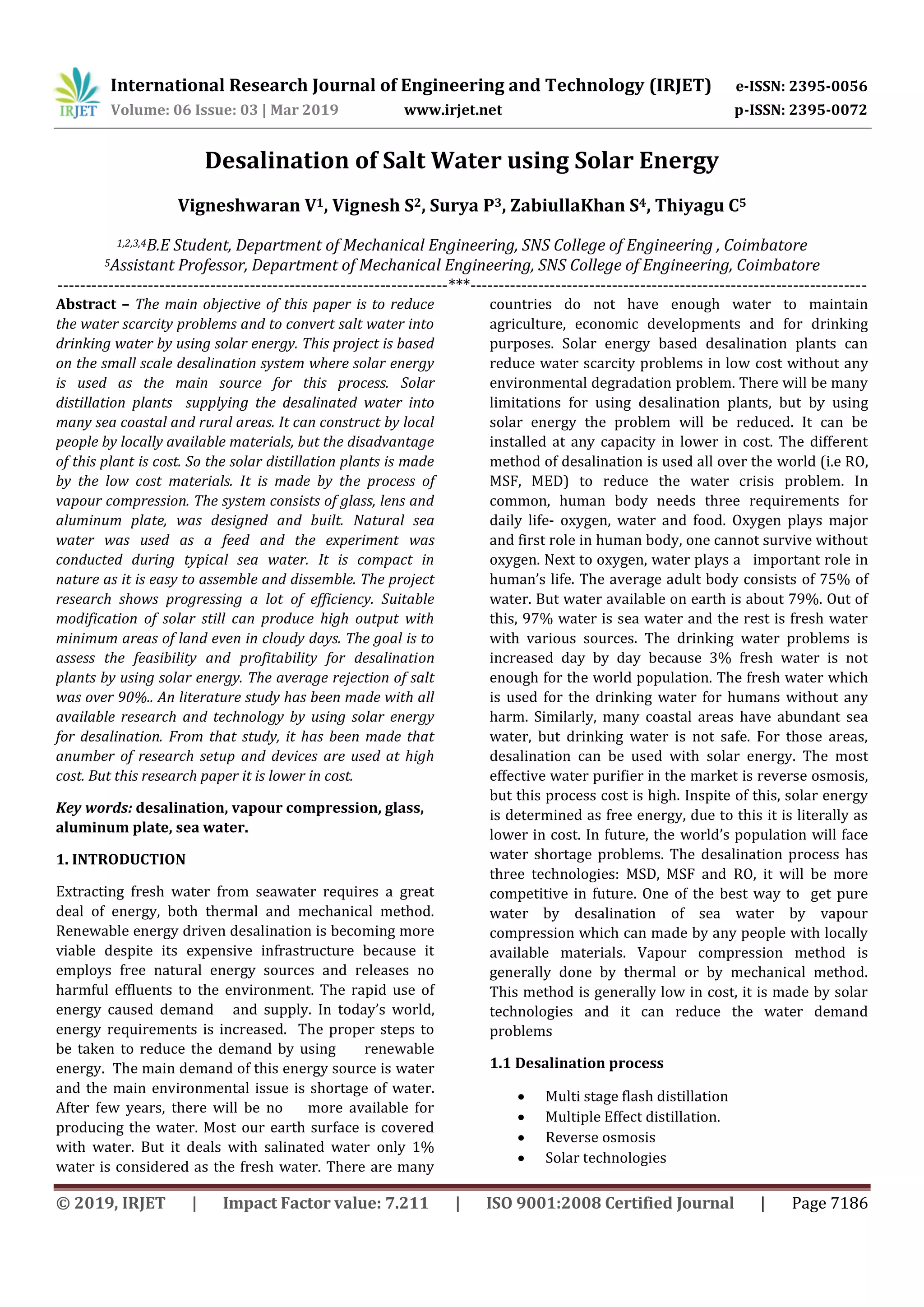 IRJET- Desalination of Salt Water using Solar Energy | PDF
