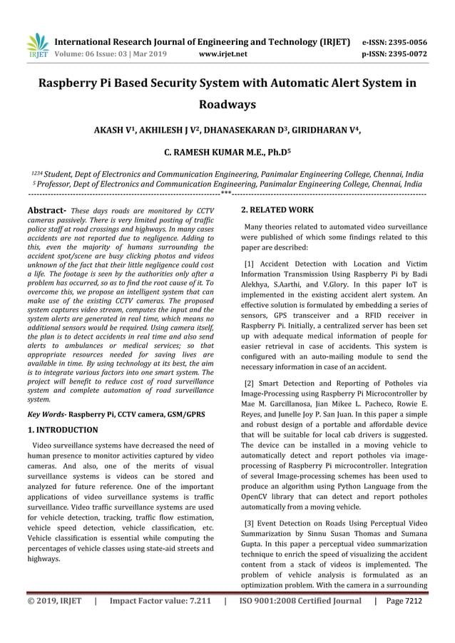 IRJET- Raspberry Pi based Security System with Automatic Alert System in Roadways | PDF