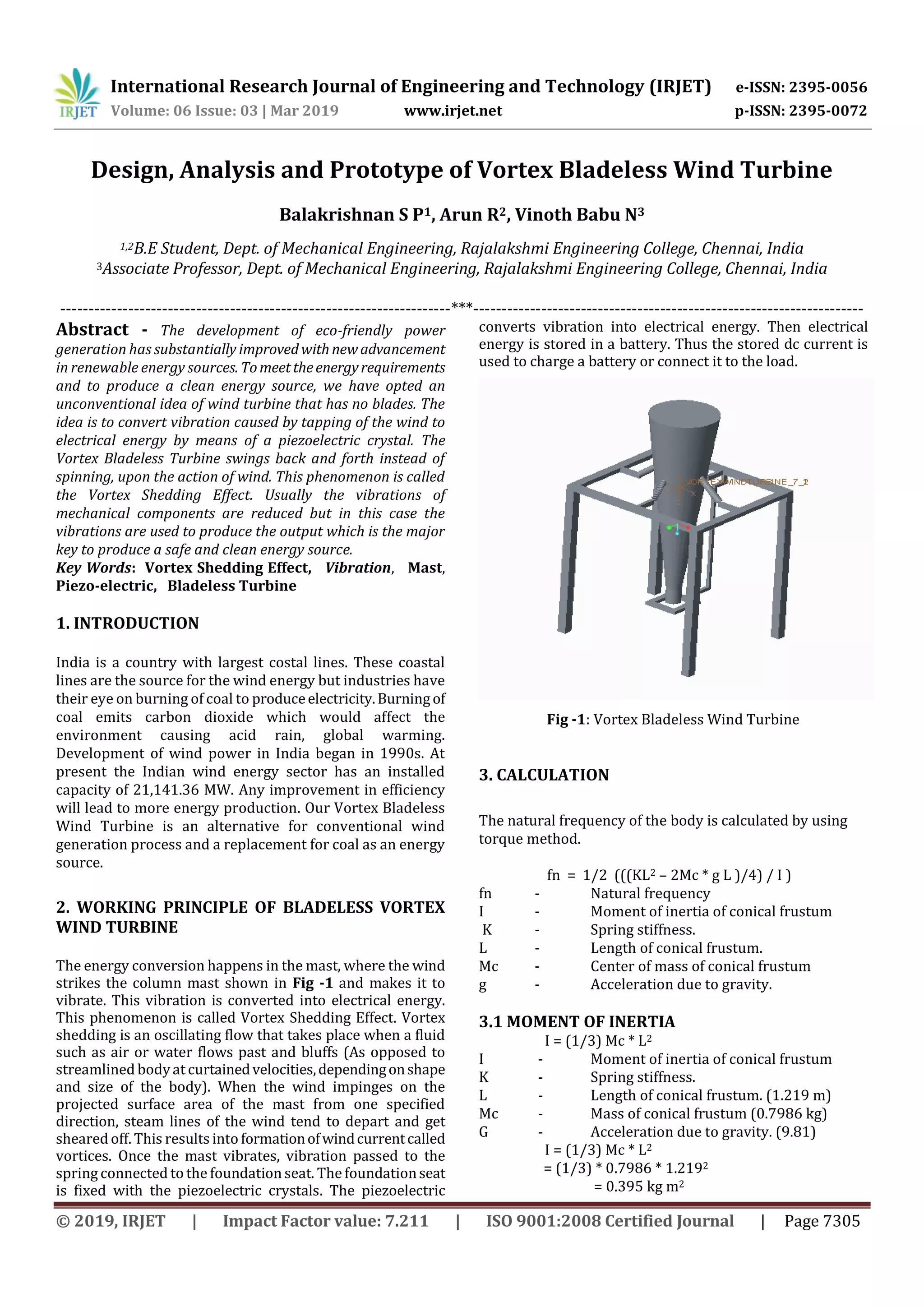 IRJET- Design, Analysis and Prototype of Vortex Bladeless Wind Turbine | PDF