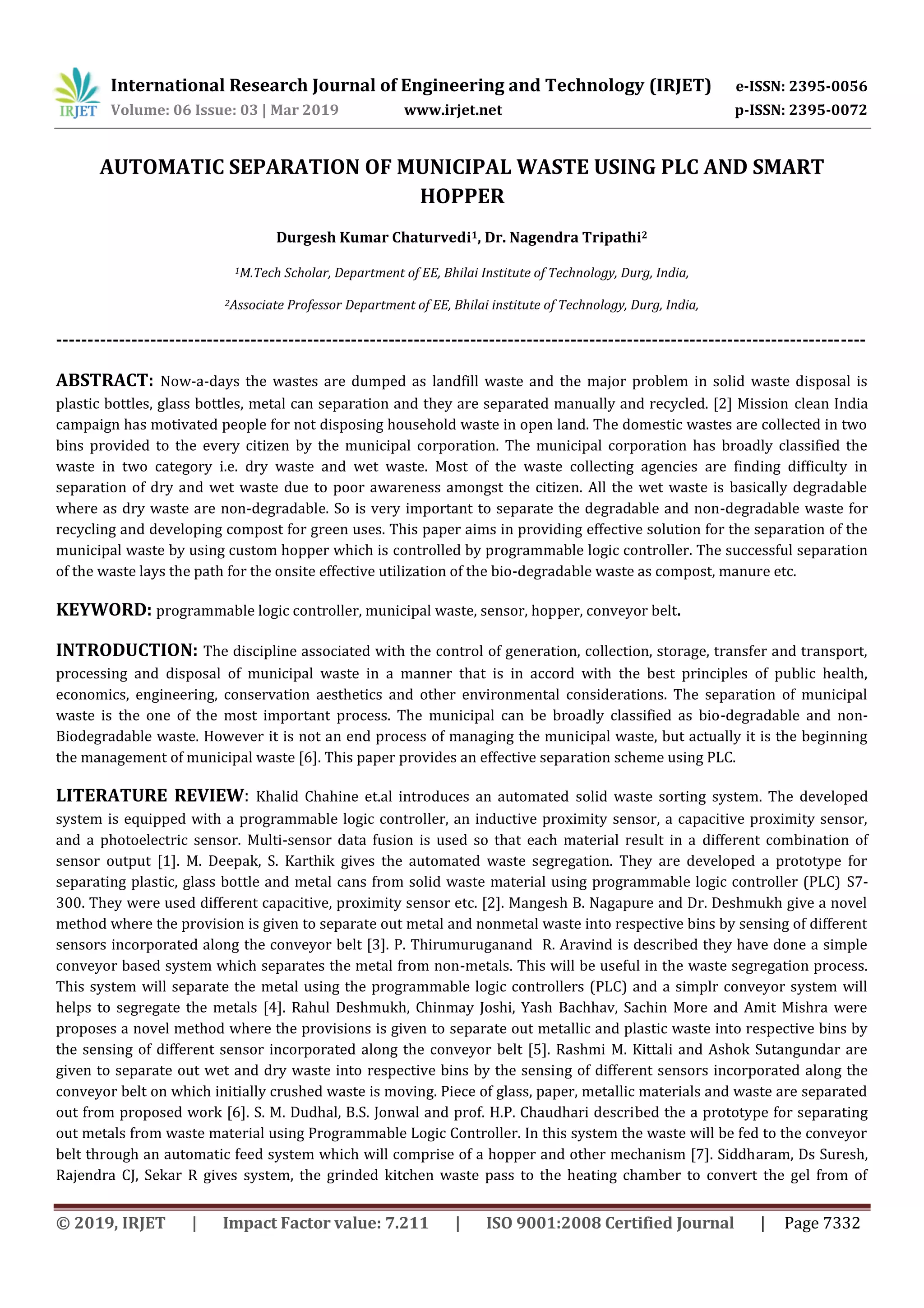 IRJET- Automatic Separation of Municipal Waste using PLC and Smart Hopper | PDF