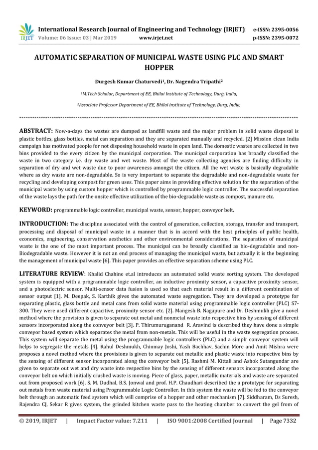 IRJET- Automatic Separation of Municipal Waste using PLC and Smart Hopper | PDF
