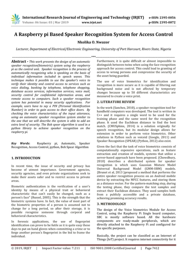 IRJET- A Raspberry Pi based Speaker Recognition System for Access Control | PDF