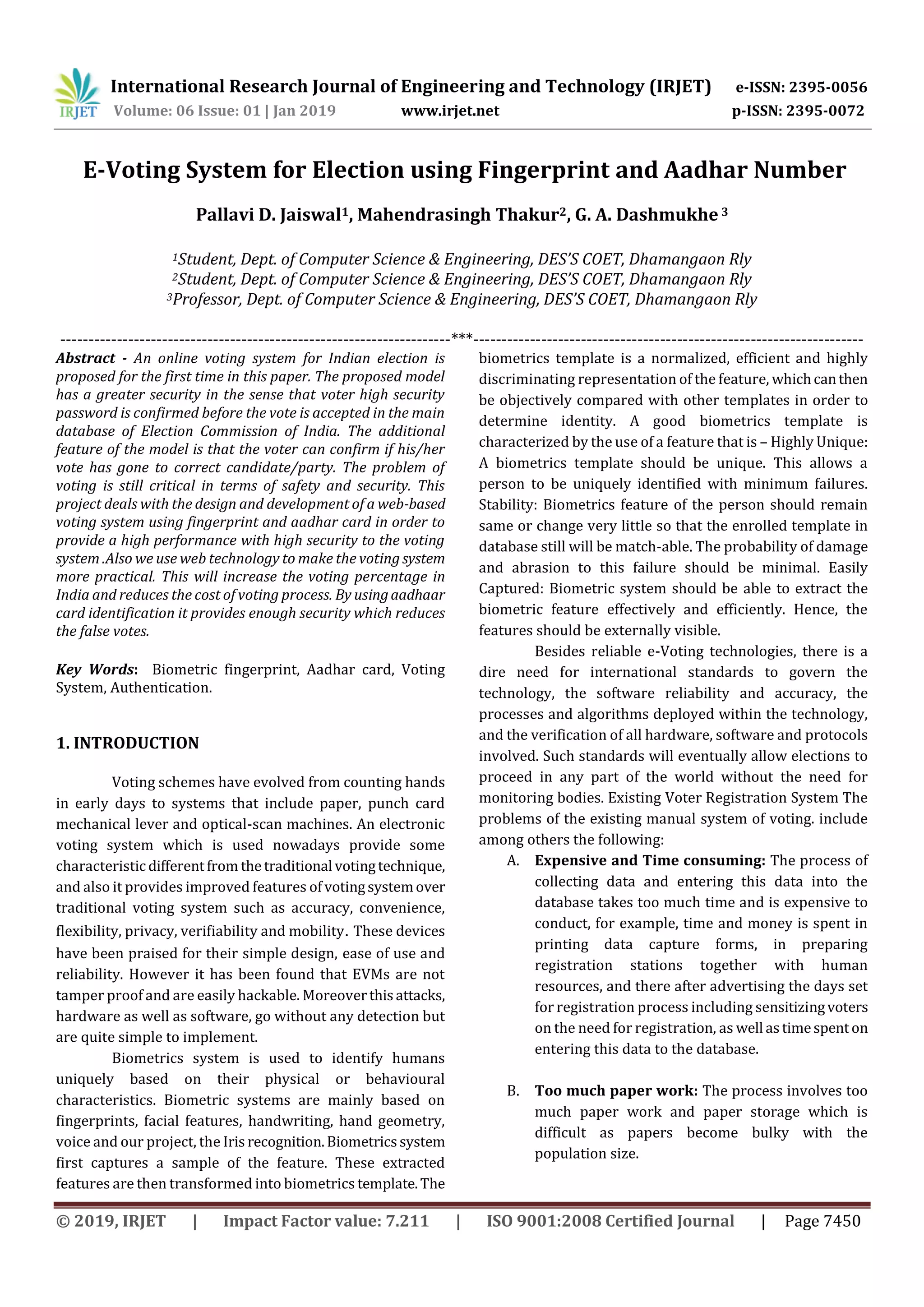 IRJET- E-Voting System for Election using Fingerprint and Aadhar Number | PDF