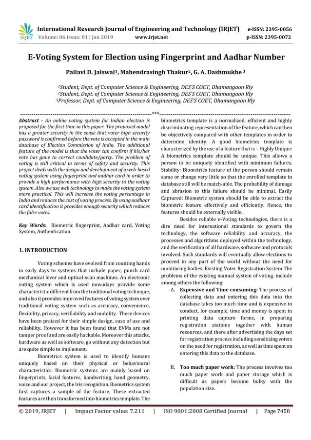 IRJET- E-Voting System for Election using Fingerprint and Aadhar Number | PDF