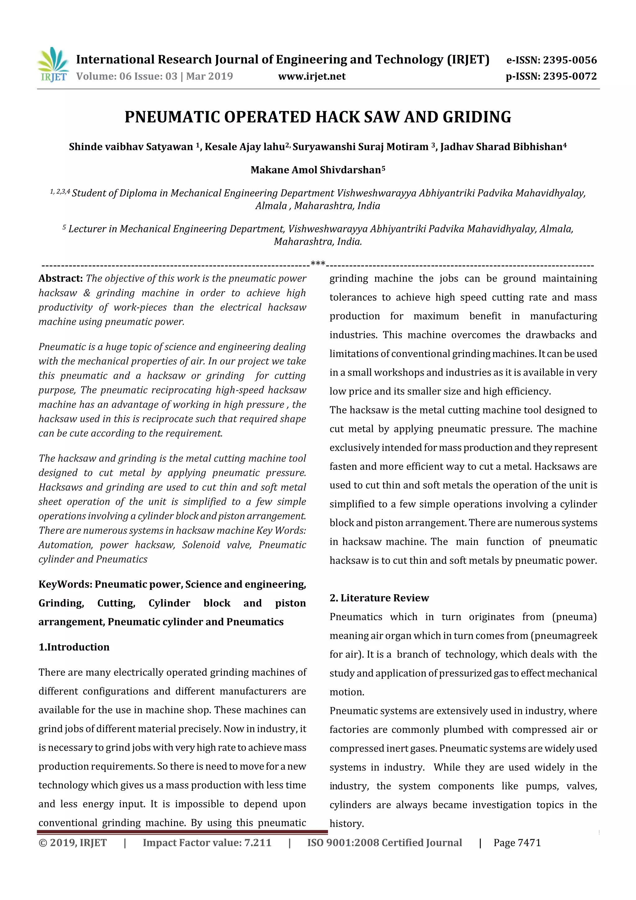 IRJET- Pneumatic Operated Hack Saw and Griding | PDF