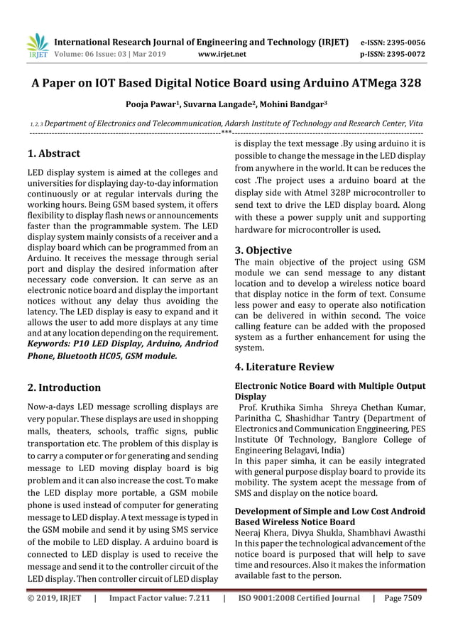 Irjet A Paper On Iot Based Digital Notice Board Using Arduino Atmega 328 Pdf