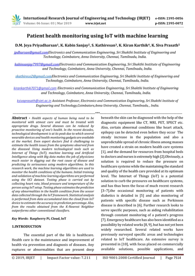 IRJET- Patient Health Monitoring using IoT with Machine Learning | PDF