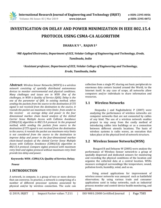 IRJET- Investigation on Delay and Power Minimization in IEEE 802.15.4 Protocol using CSMA-CA ...
