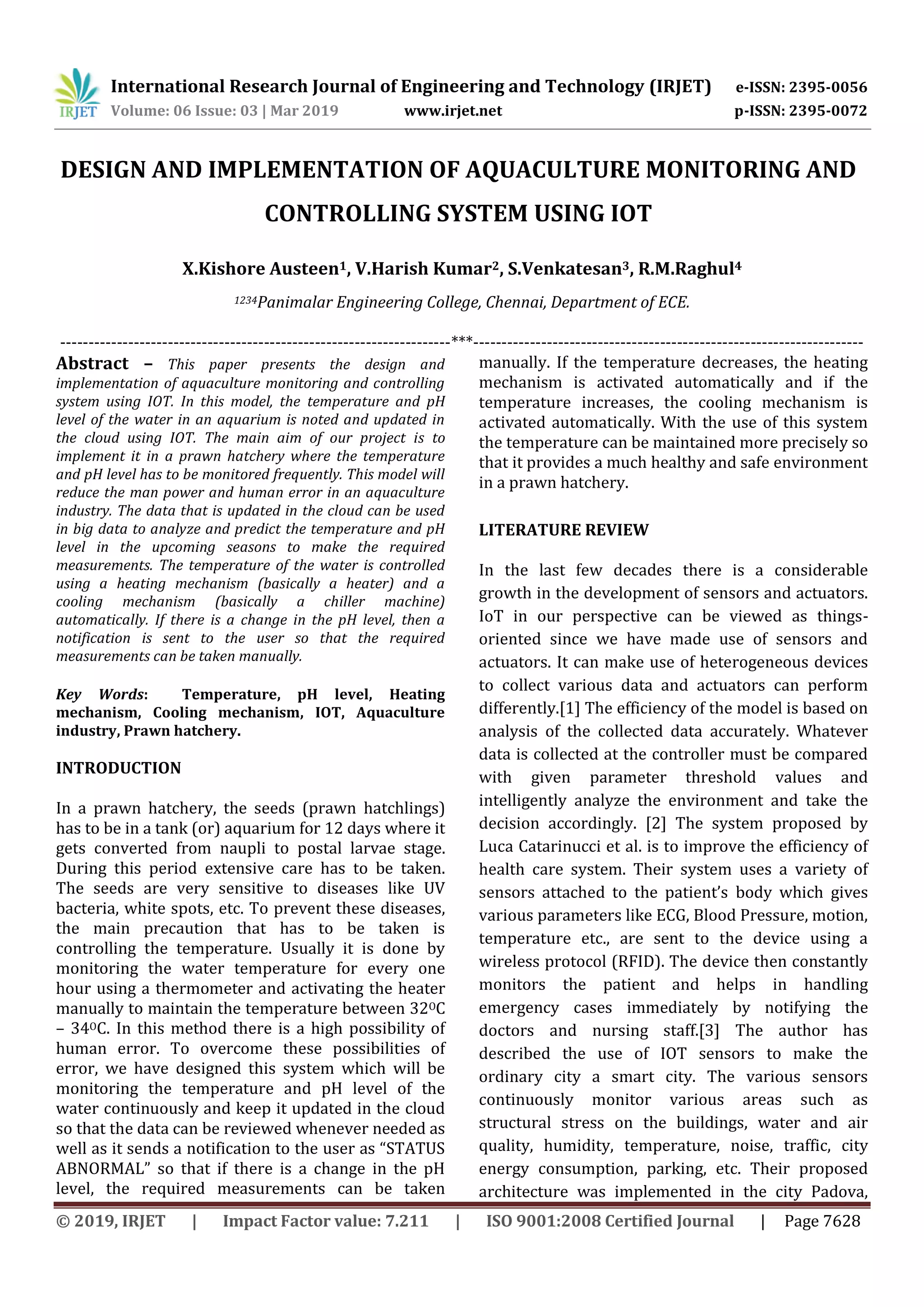IRJET- Design and Implementation of Aquaculture Monitoring and ...