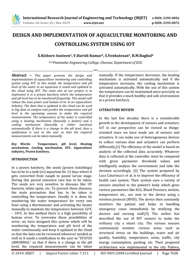 IRJET- Design and Implementation of Aquaculture Monitoring and Controlling System using IoT | PDF