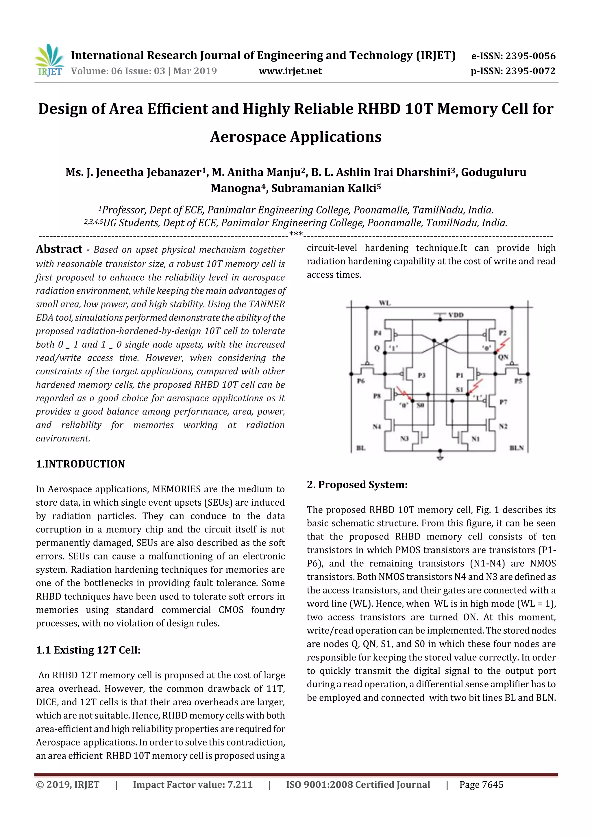 IRJET- Design of Area Efficient and Highly Reliable RHBD 10T Memory Cell for Aerospace ...