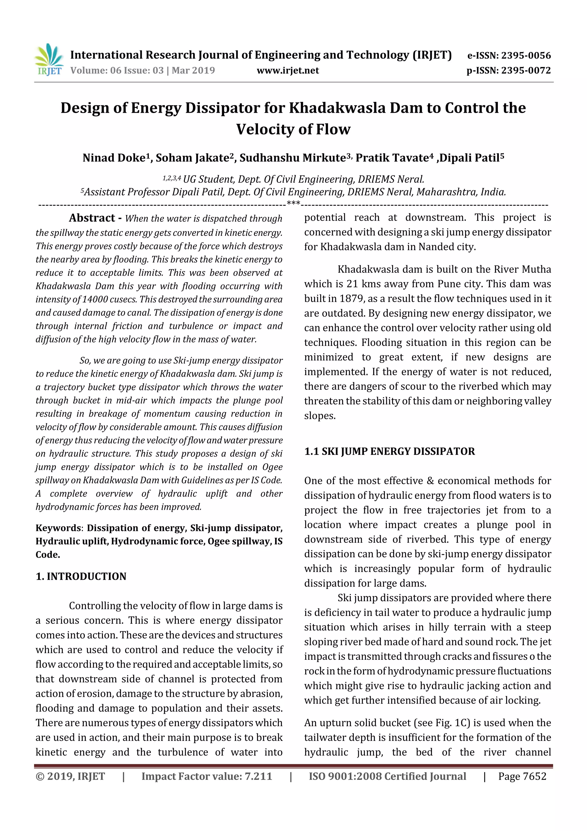 IRJET- Design of Energy Dissipator for Khadakwasla Dam to Control the ...