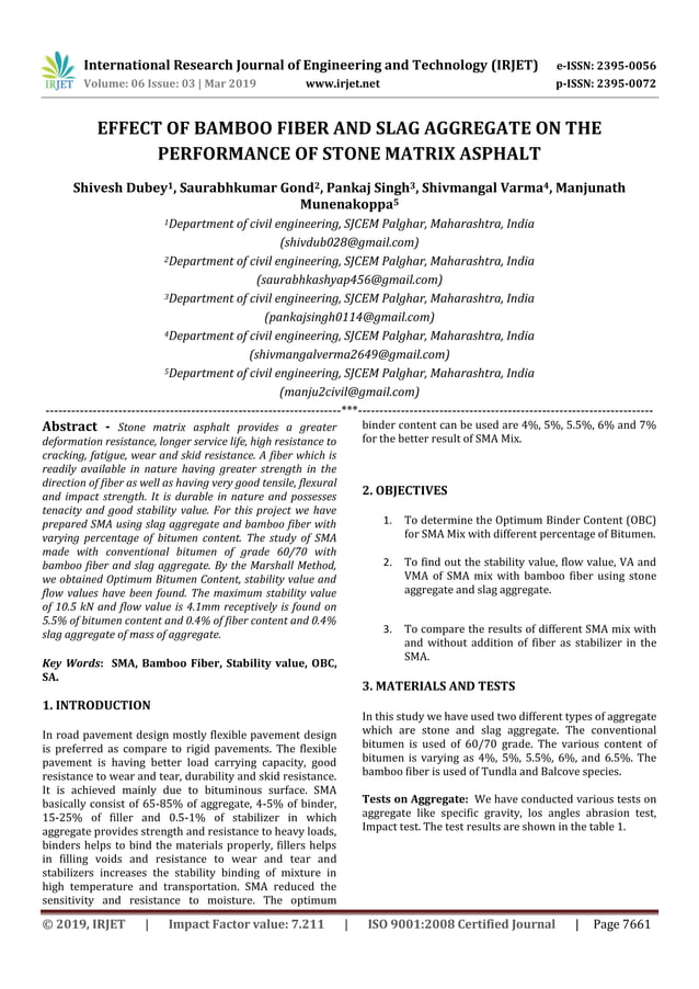 IRJET- Effect of Bamboo Fiber and Slag Aggregate on the Performance of Stone Matrix Asphalt | PDF