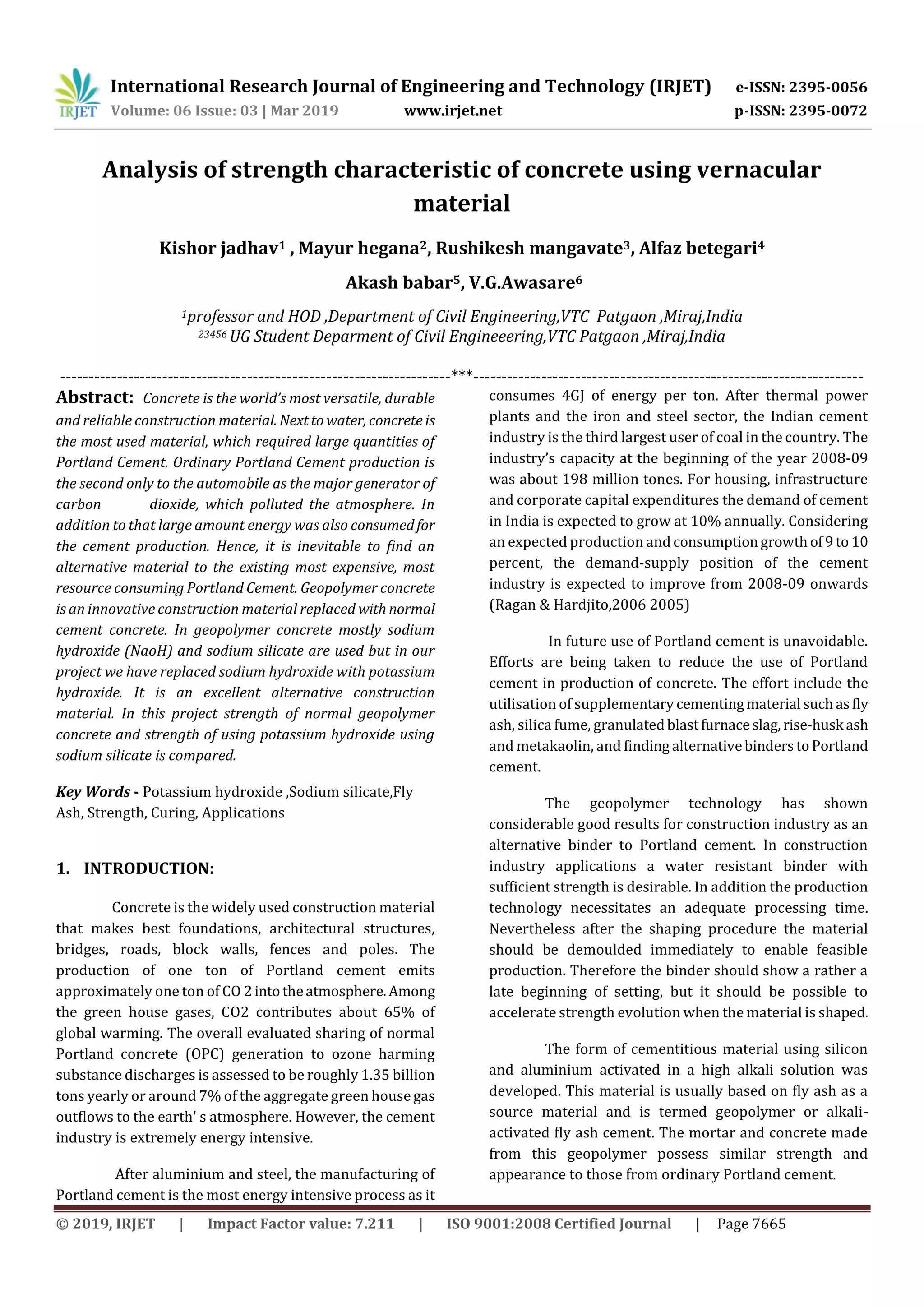 IRJET- Analysis of strength Characteristic of Concrete using Vernacular ...