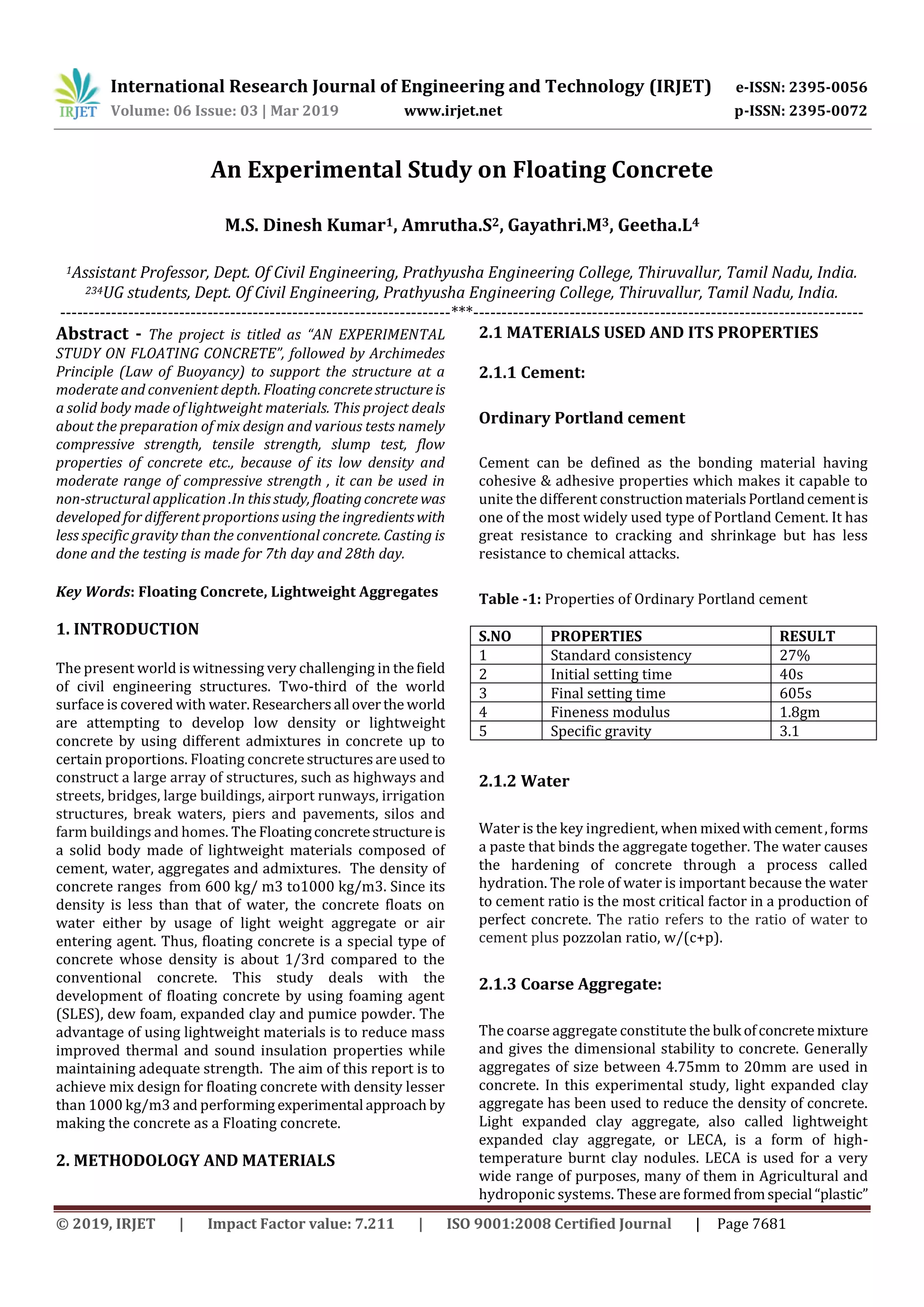 IRJET- An Experimental Study on Floating Concrete | PDF