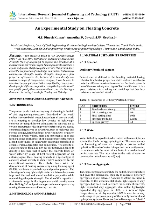 IRJET- An Experimental Study on Floating Concrete | PDF | Civil ...