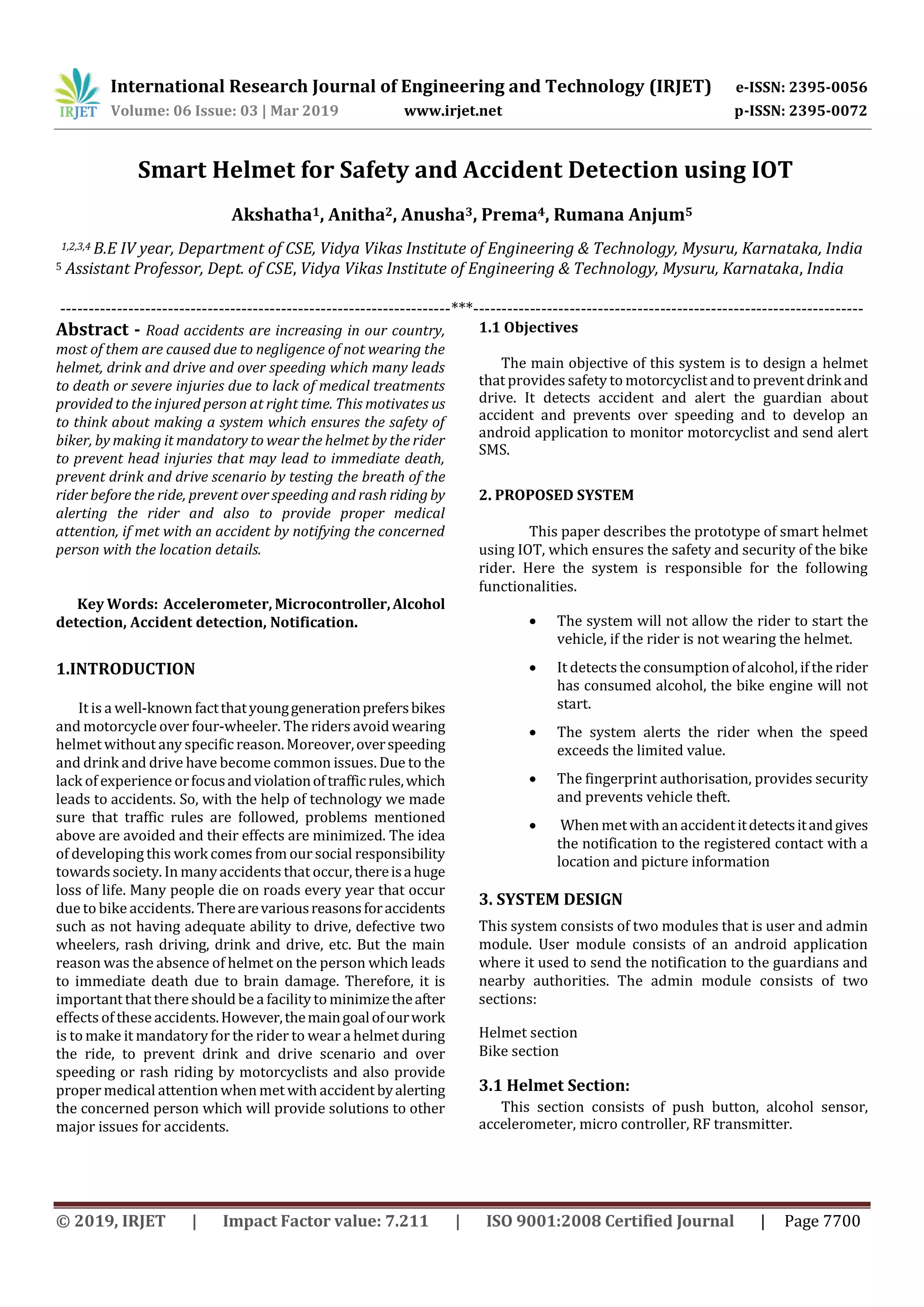 IRJET- Smart Helmet for Safety and Accident Detection using IOT | PDF