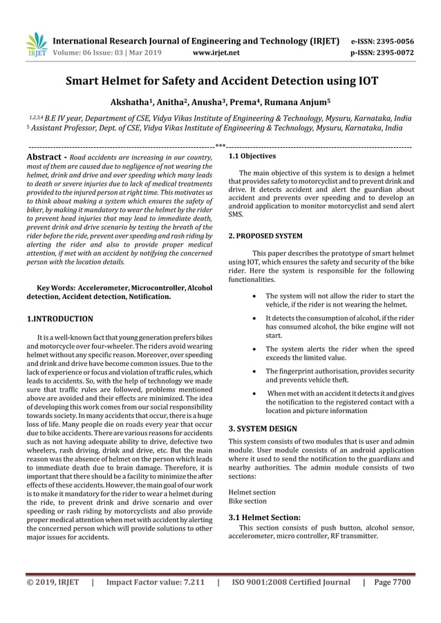 IRJET- Smart Helmet for Safety and Accident Detection using IOT | PDF | Injuries | Diseases and ...