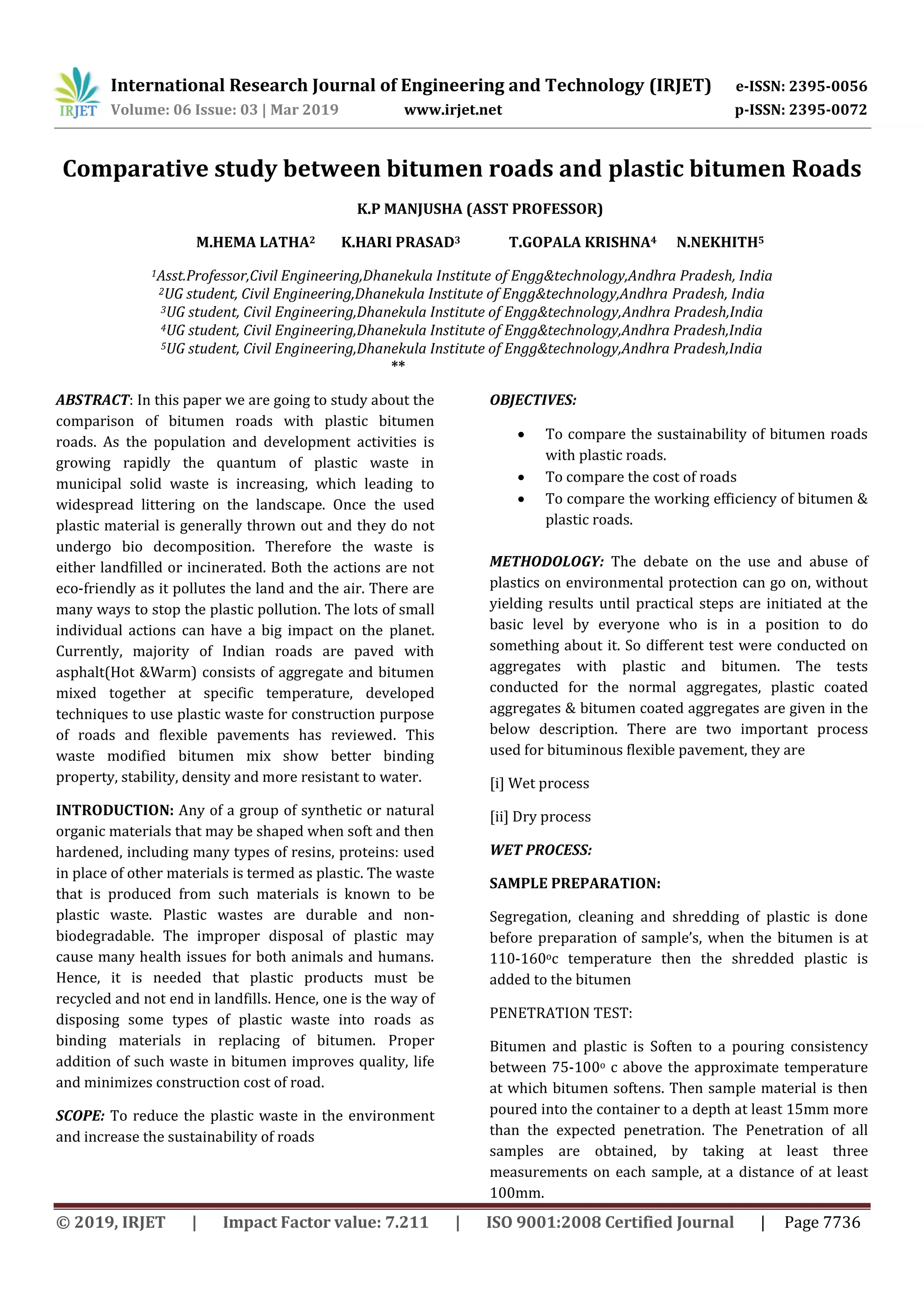 IRJET- Comparative Study between Bitumen Roads and Plastic Bitumen ...