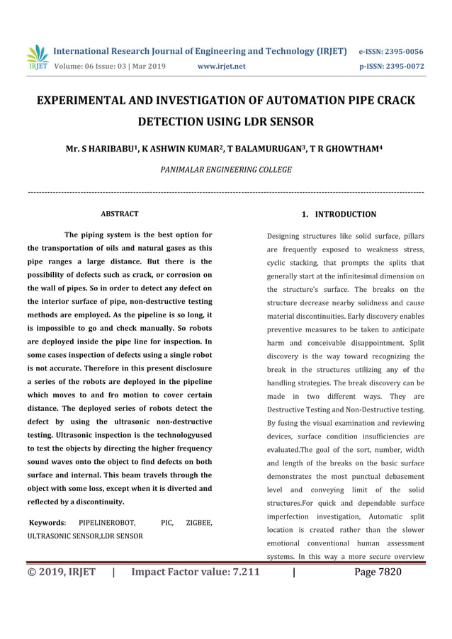 IRJET- Experimental and Investigation of Automation Pipe Crack ...