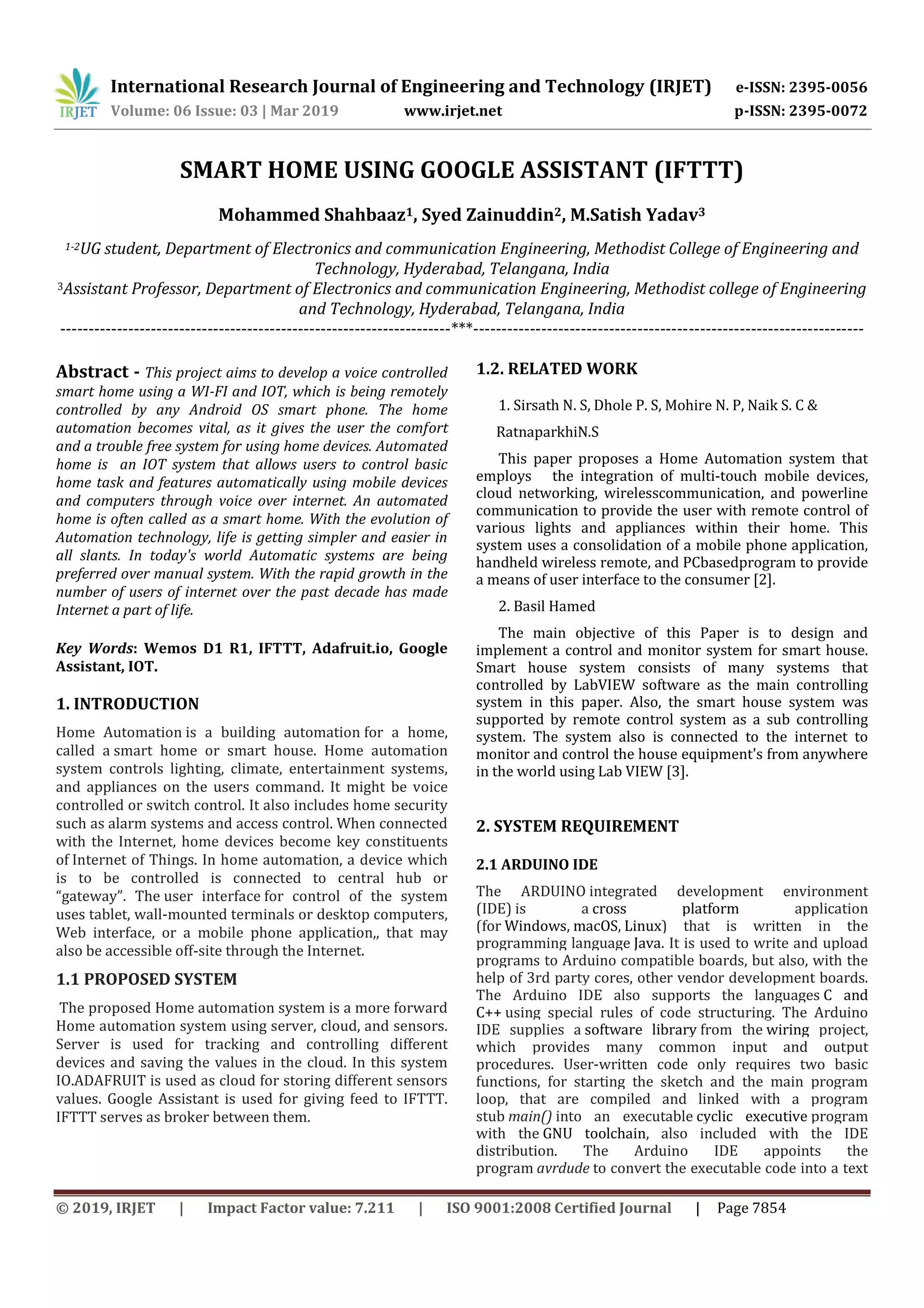 IRJET- Smart Home using Google Assistant (IFTTT) | PDF | Computing | Technology & Computing