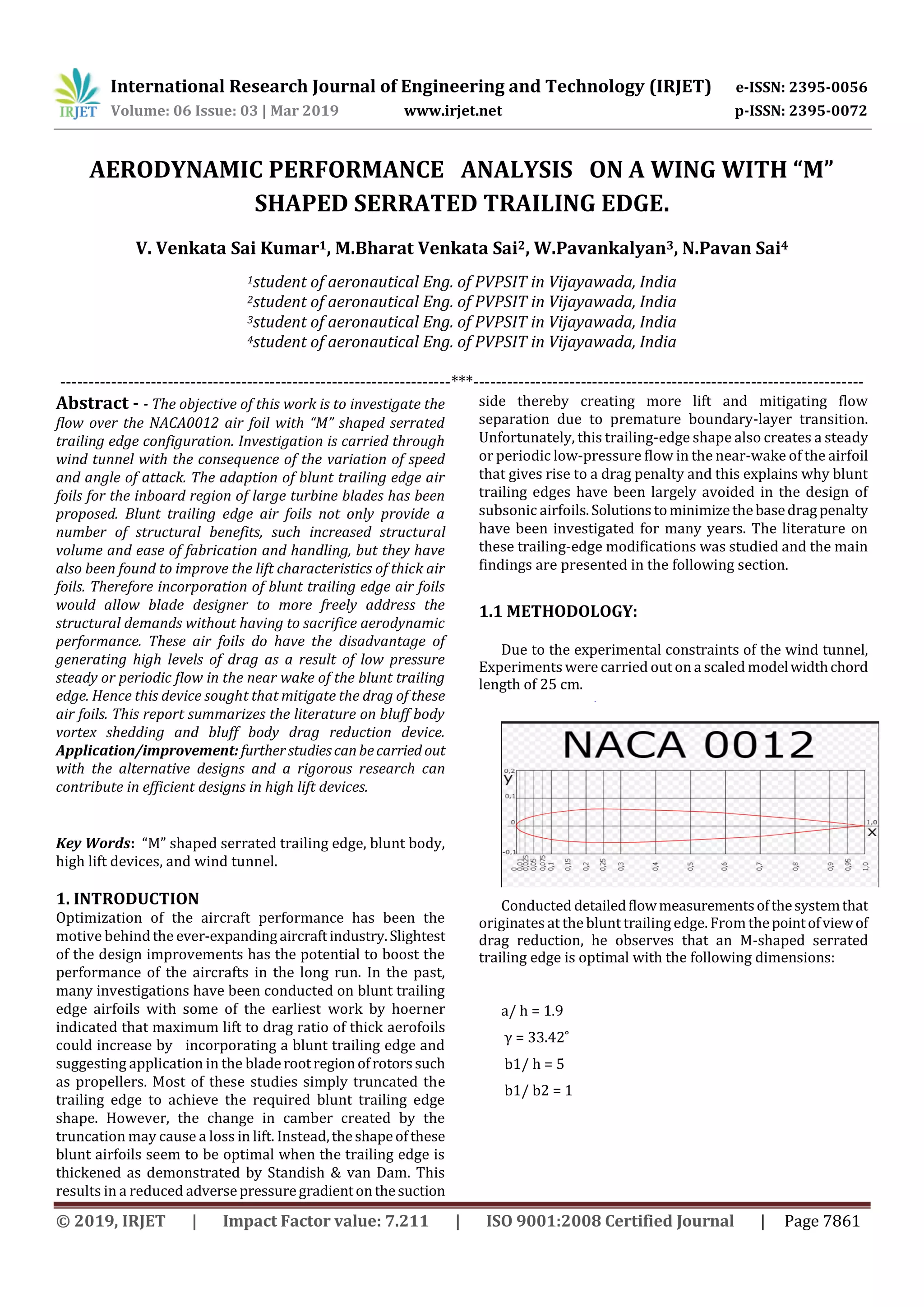 IRJET- Aerodynamic Performance Analysis on a Wing with “M” Shaped Serrated Trailing Edge | PDF ...