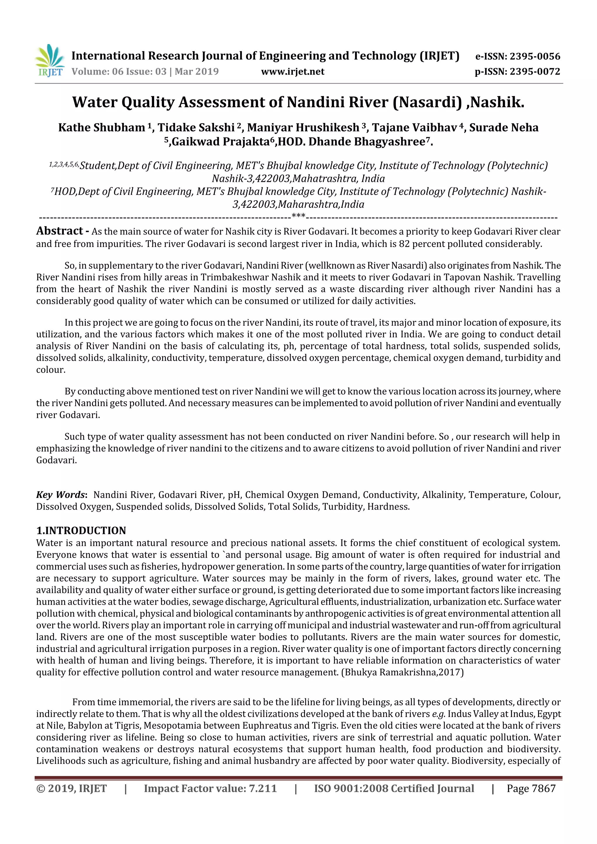 IRJET- Water Quality Assessment of Nandini River (Nasardi), Nashik | PDF