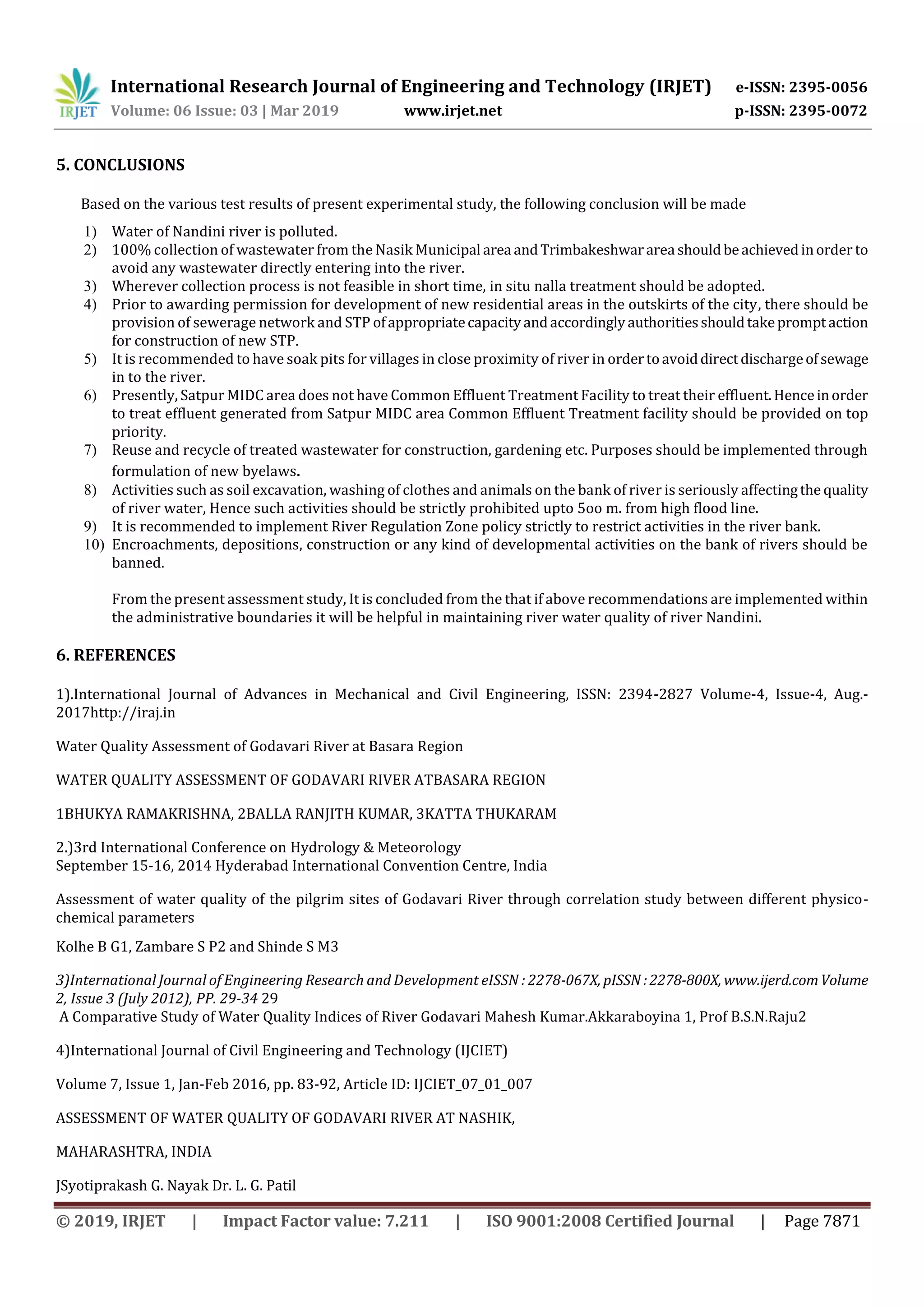 IRJET- Water Quality Assessment of Nandini River (Nasardi), Nashik | PDF