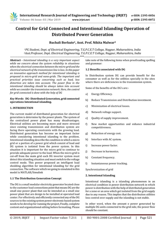 Irjet Control For Grid Connected And Intentional Islanding Operation