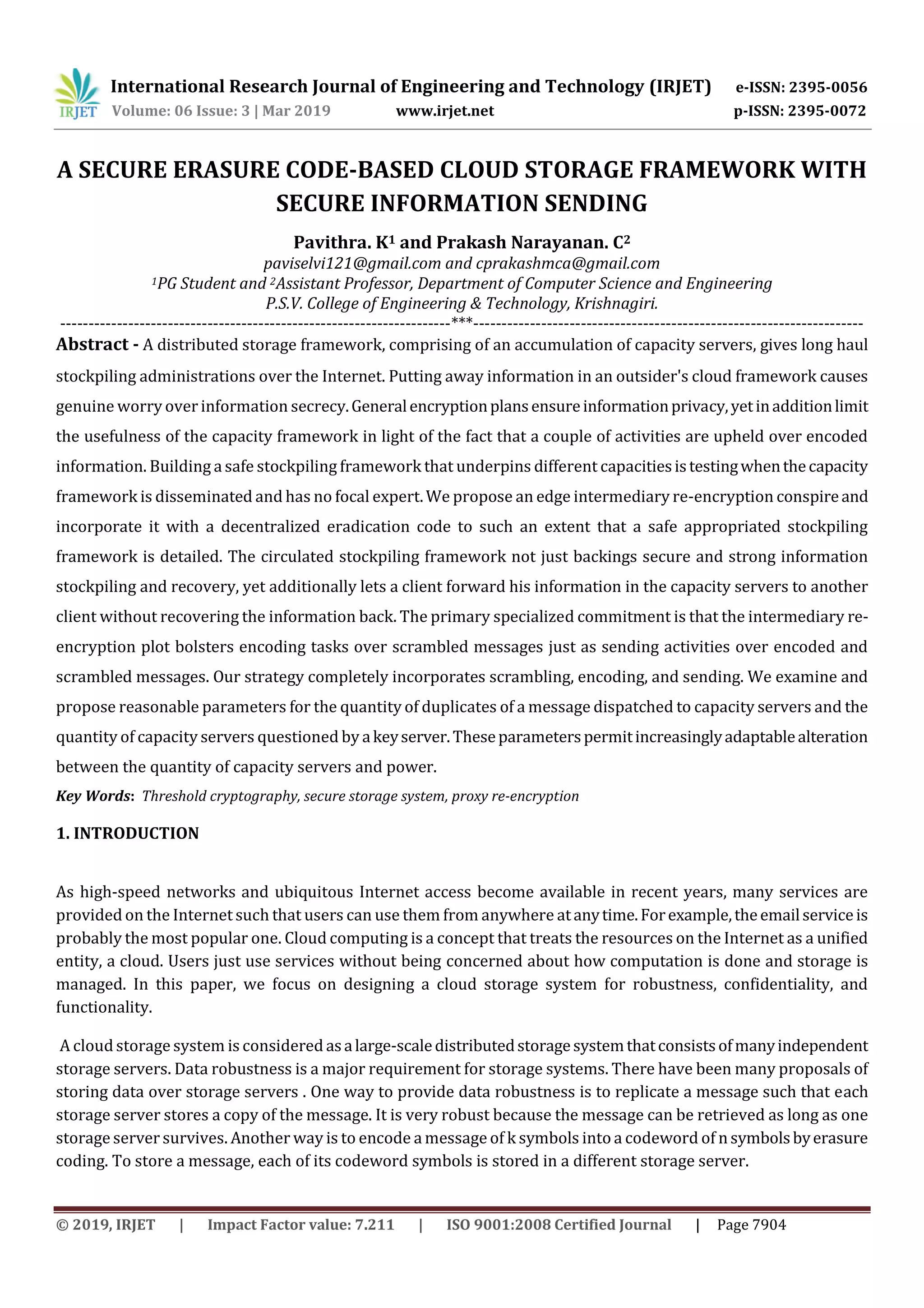 Irjet A Secure Erasure Code Based Cloud Storage Framework With Secure Information Sending Pdf
