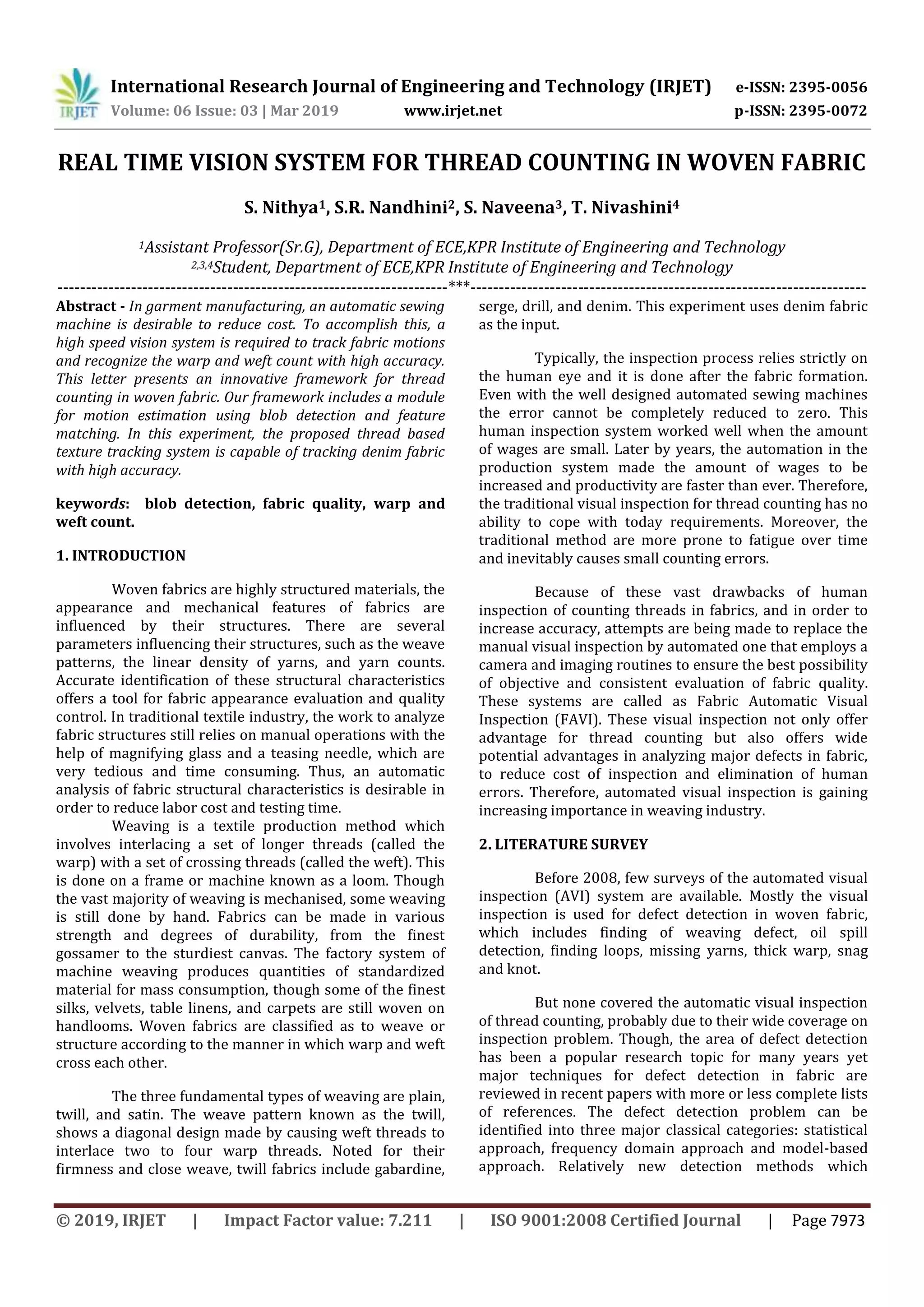 IRJET- Real Time Vision System for Thread Counting in Woven Fabric | PDF