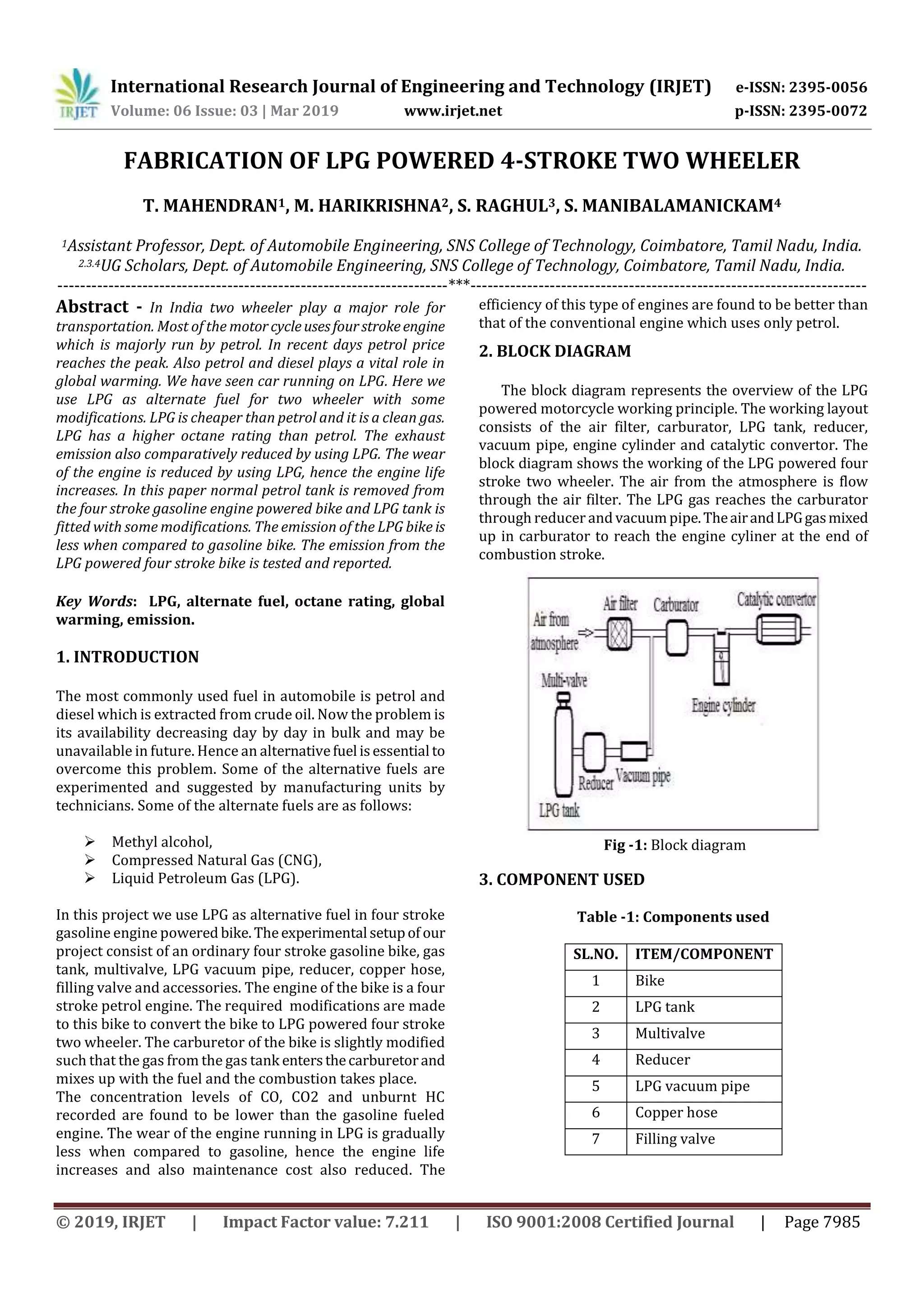 IRJET- Fabrication of LPG Powered 4-Stroke Two Wheeler | PDF