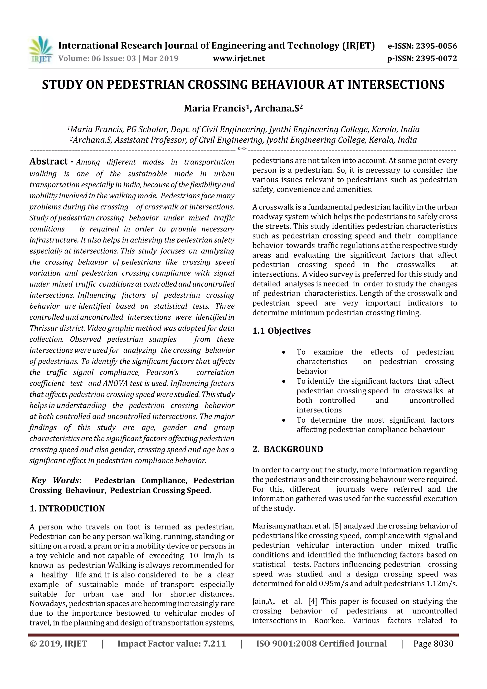 IRJET- Study on Pedestrian Crossing Behaviour at Intersections | PDF