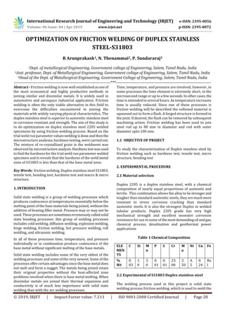 IRJET- Optimization on Friction Welding of Duplex Stainless Steel-S31803 | PDF