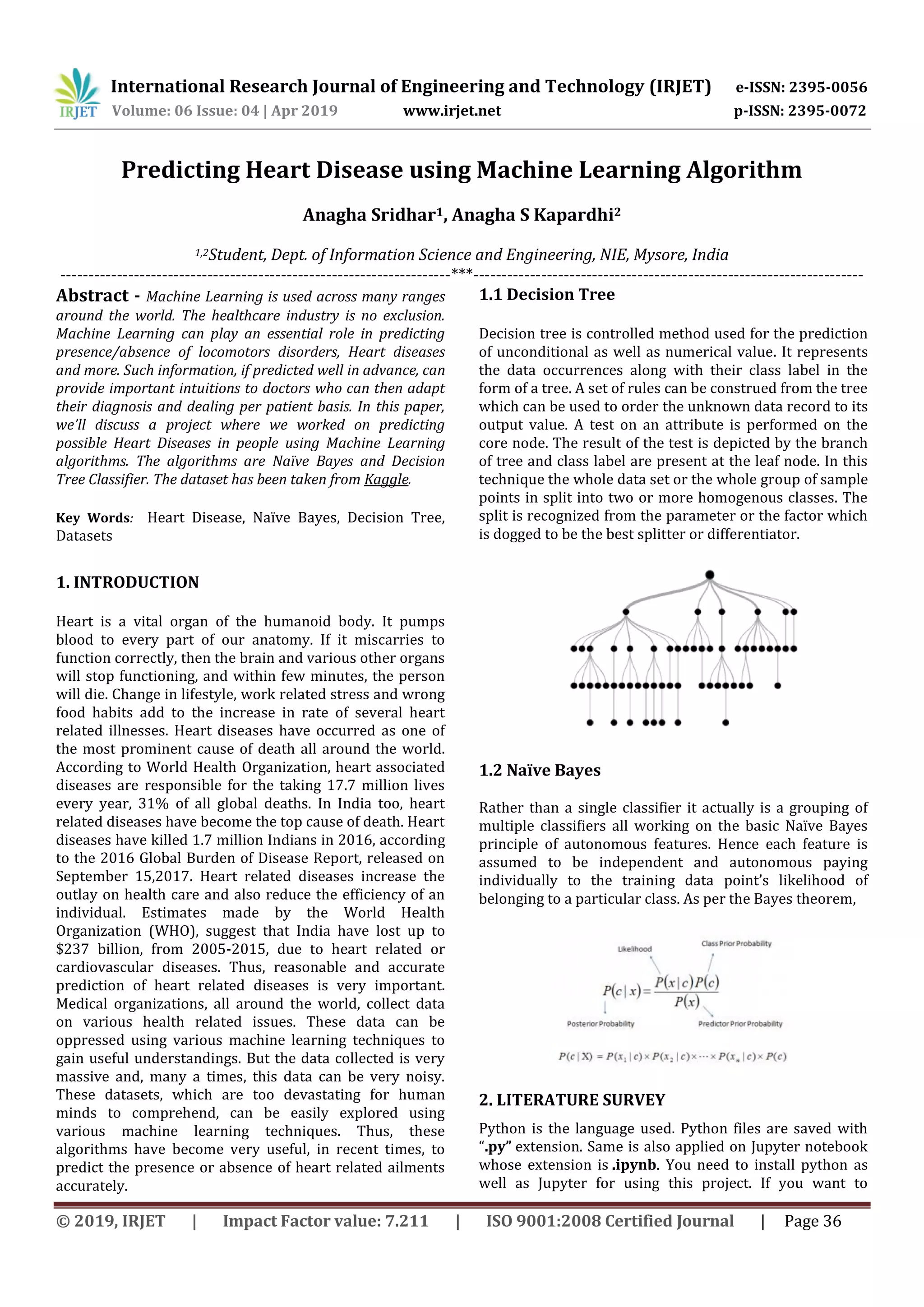 IRJET- Predicting Heart Disease using Machine Learning Algorithm | PDF