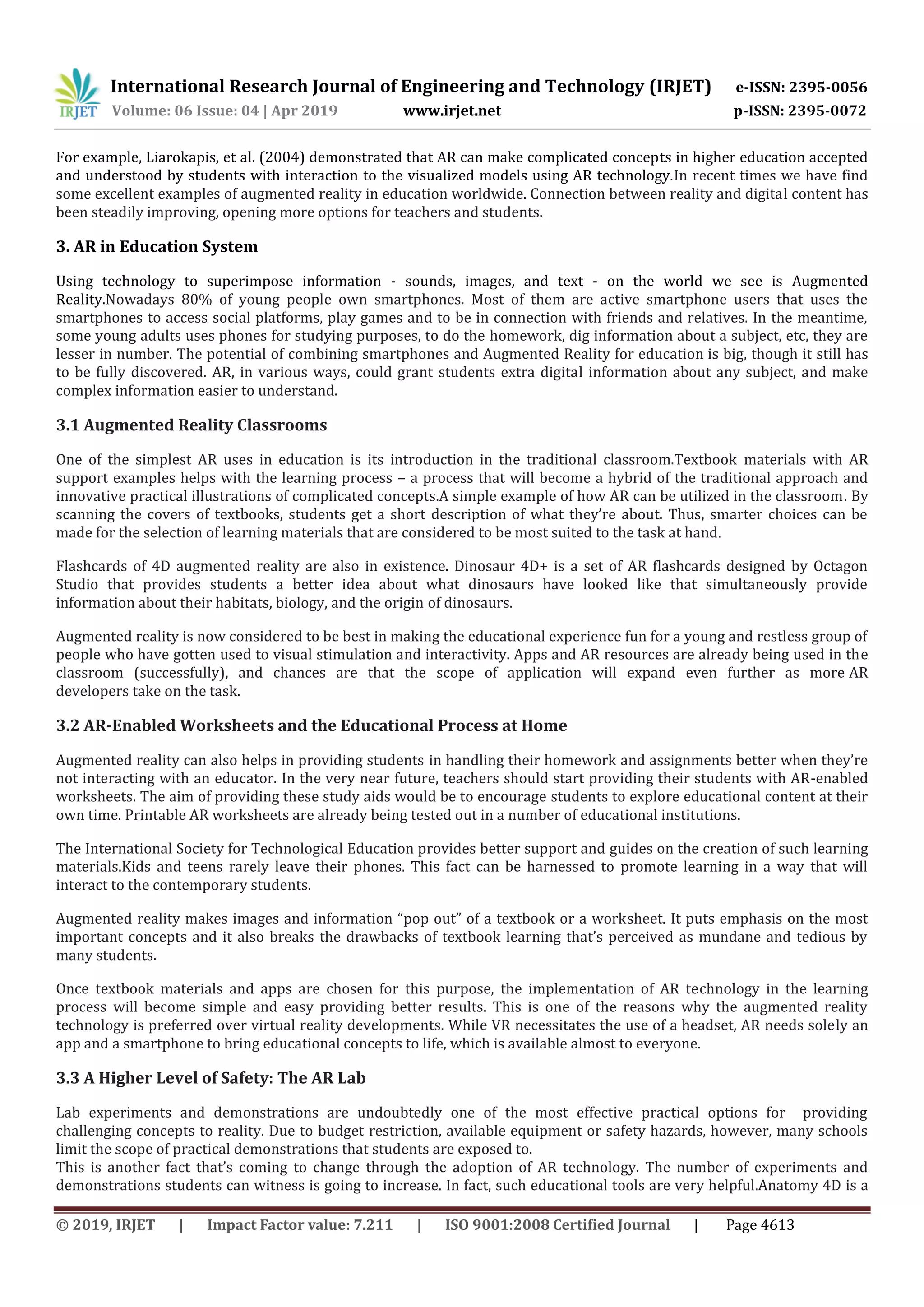 IRJET- Overview of Augmented Reality in Education | PDF | Augmented Reality | Technology & Computing