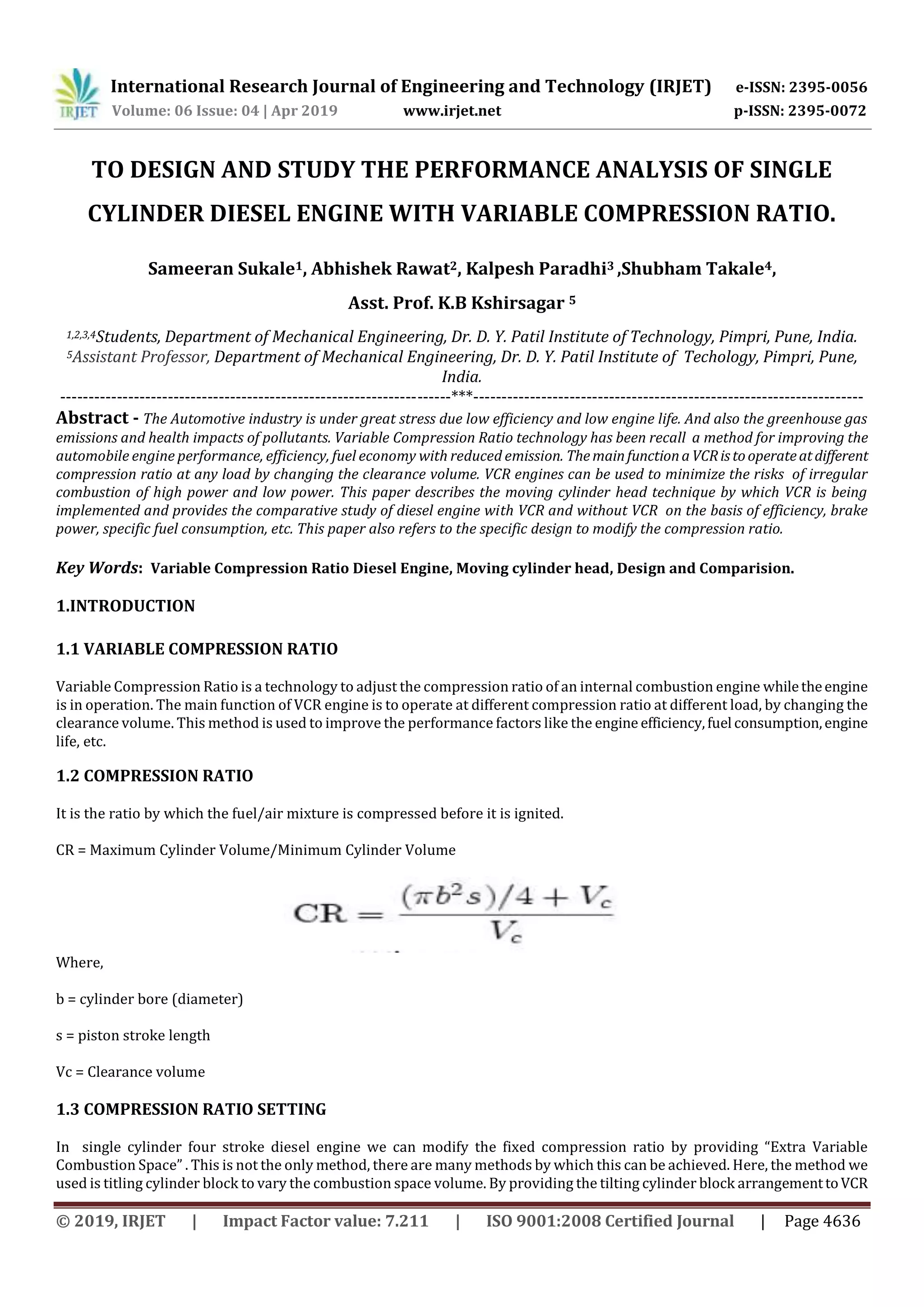 IRJET- To Design and Study the Performance Analysis of Single Cylinder Diesel Engine with ...