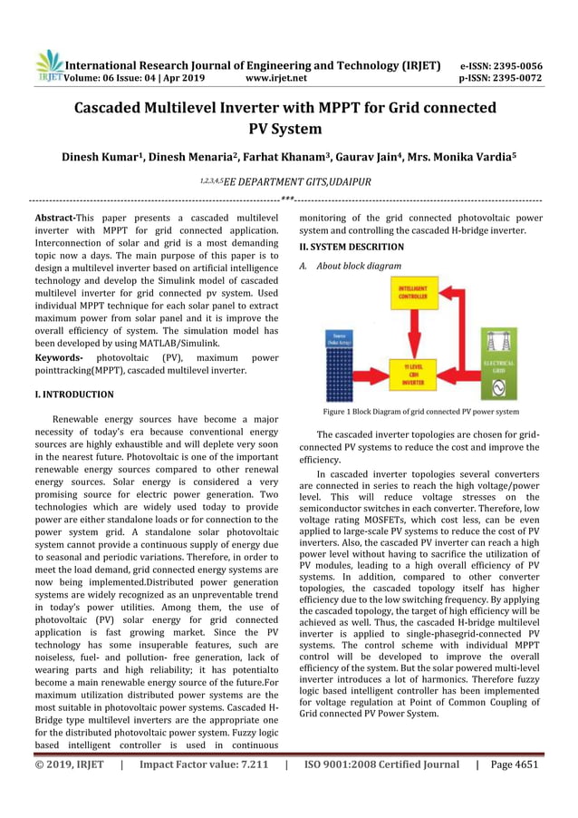 IRJET- Cascaded Multilevel Inverter with MPPT for Grid Connected PV System | PDF