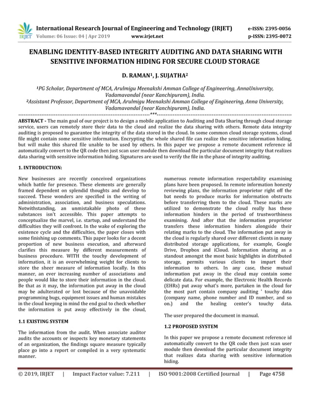 IRJET- Enabling Identity-Based Integrity Auditing and Data Sharing with Sensitive Information ...